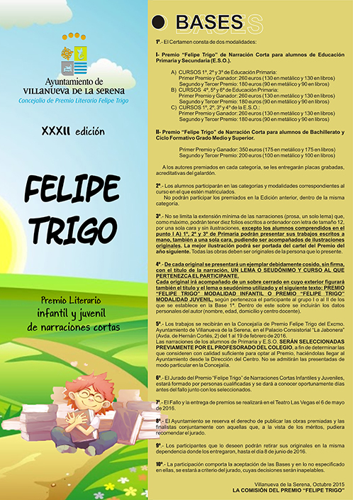 XXXII Edición Premio Literario Felipe Trigo infantil y juvenil de narraciones cortas ...